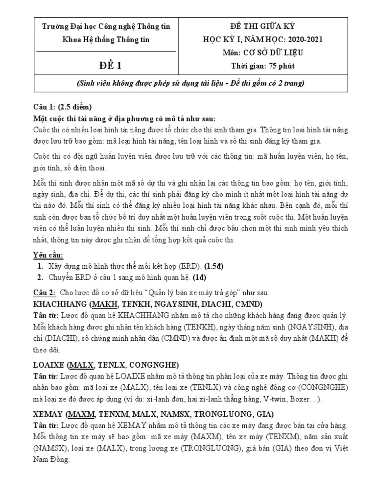 De Thi Giua Ky CSDL Hk1 2020 2021 Final | PDF