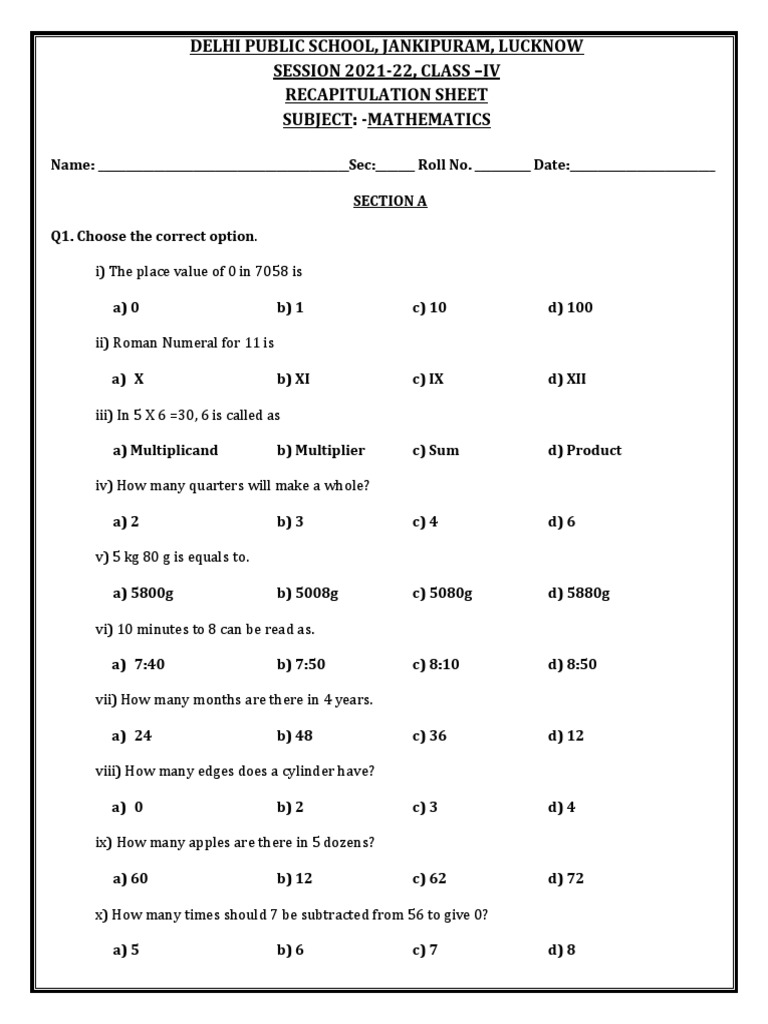 Recapitulation Sheet Class IV 06.04.21 | PDF | Mathematical Notation | Elementary Mathematics