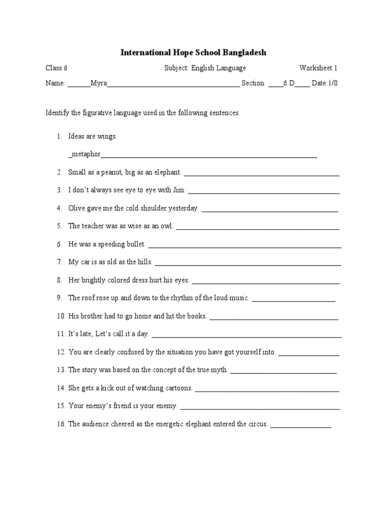 Figurative Language Worksheet | PDF