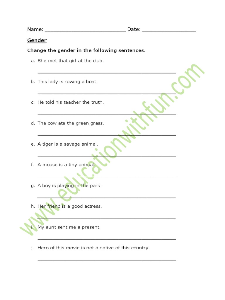 Noun Gender Worksheet 6 | PDF