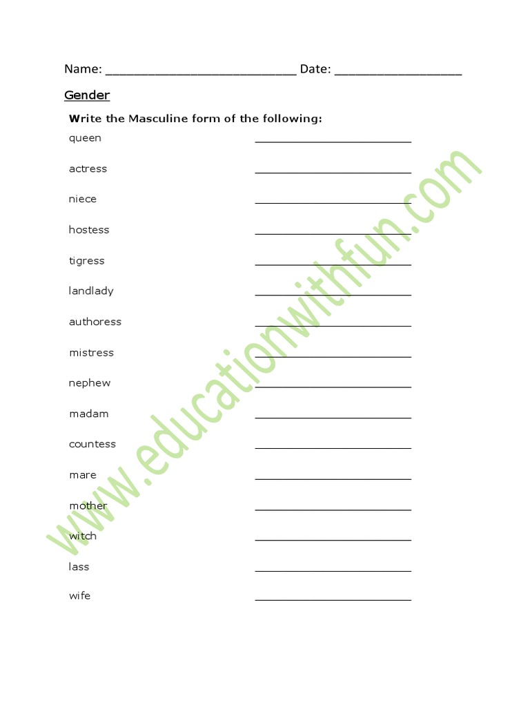 Noun Gender Worksheet 5 | PDF