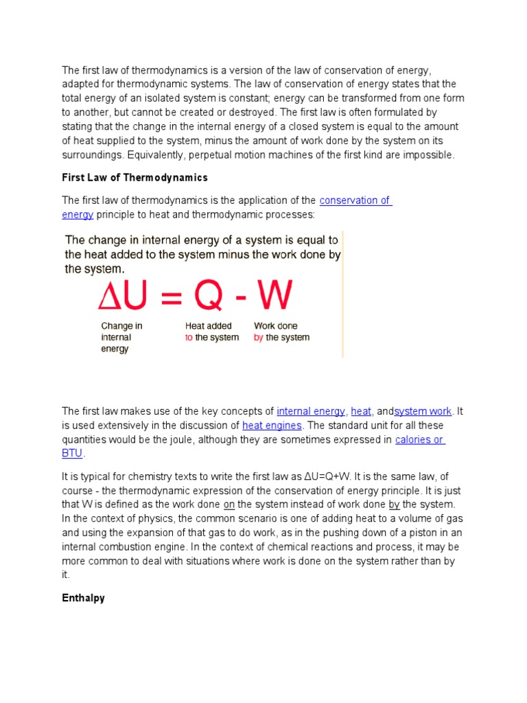 The First Law of Thermodynamics | PDF | Heat | Enthalpy