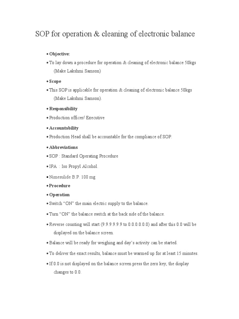 SOP For Operation & Cleaning of Electronic Balance | PDF