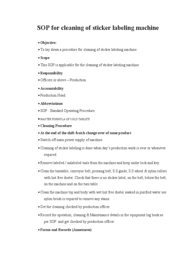 SOP For Cleaning of Sticker Labeling Machine | PDF