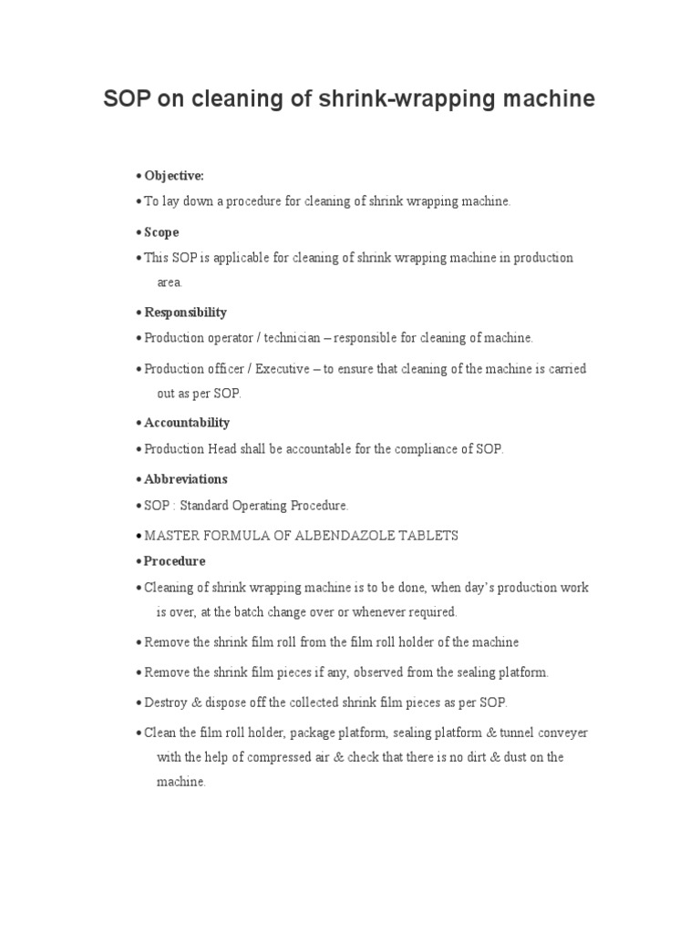 SOP On Cleaning of Shrink Wrapping Machine | PDF | Industrial Processes ...