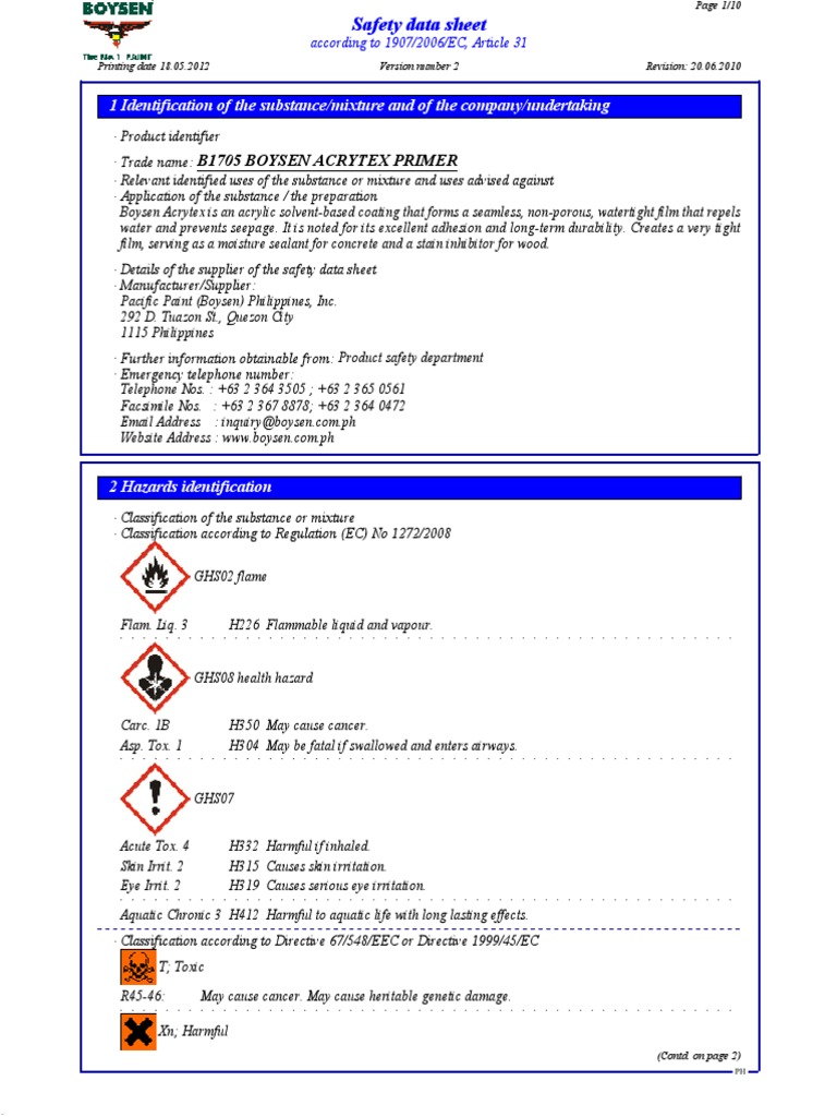b1705 Boysen Acrytex Primer | PDF | Dangerous Goods | Toxicity