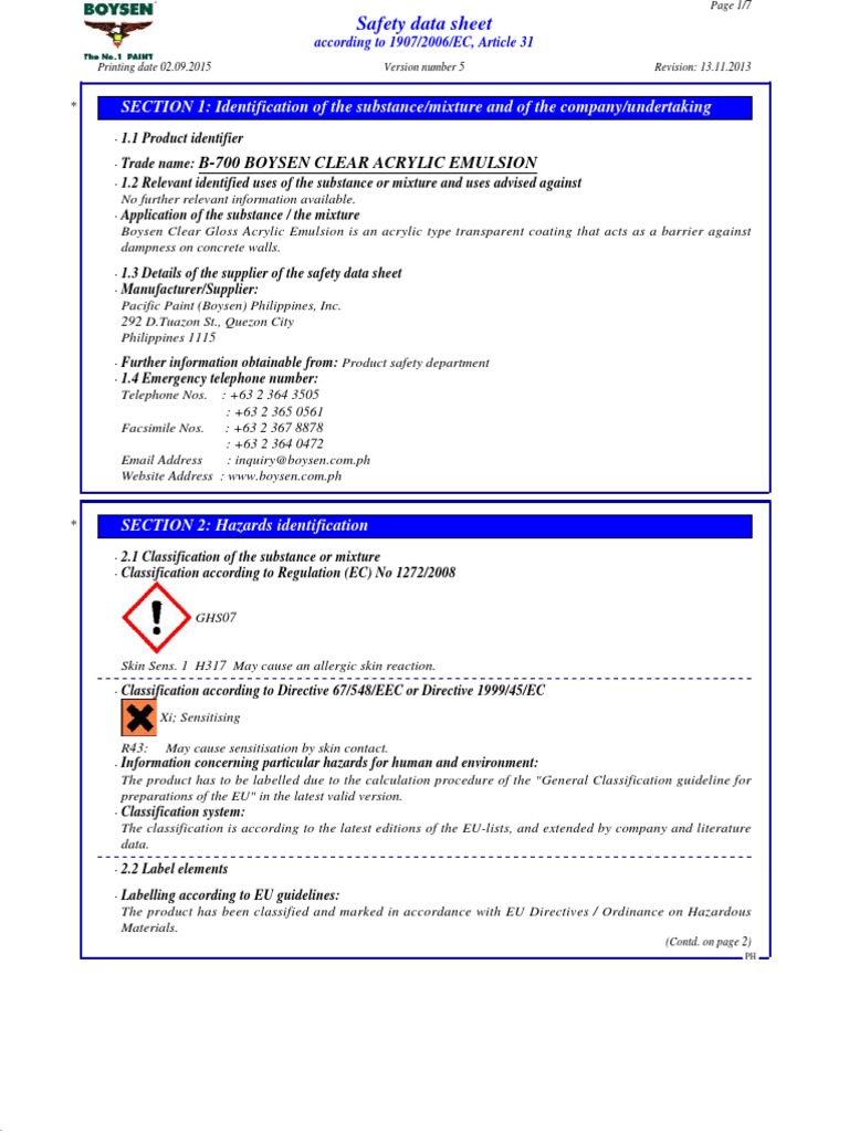 BOYSEN - Acrylic Emulsion B700 | PDF | Dangerous Goods | Toxicity