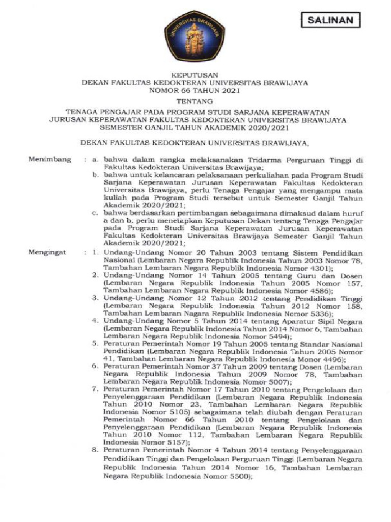 SK Dekan 66 Tahun 2021 - Tenaga Pengajar S1 Keperawatan - Hari Wahyudi | PDF