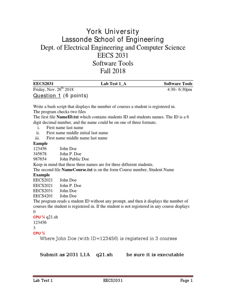 Lassonde School of Engineering Dept. of Electrical Engineering and Computer Science EECS 2031 ...