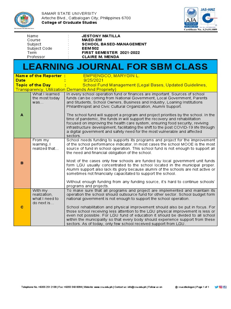 Learning Journal For SBM Class: Transparency, Utilization Demands and ...