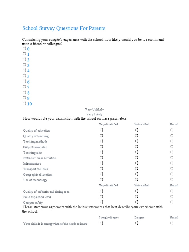 Parent Satisfaction Survey Questions | PDF | Schools | Teachers