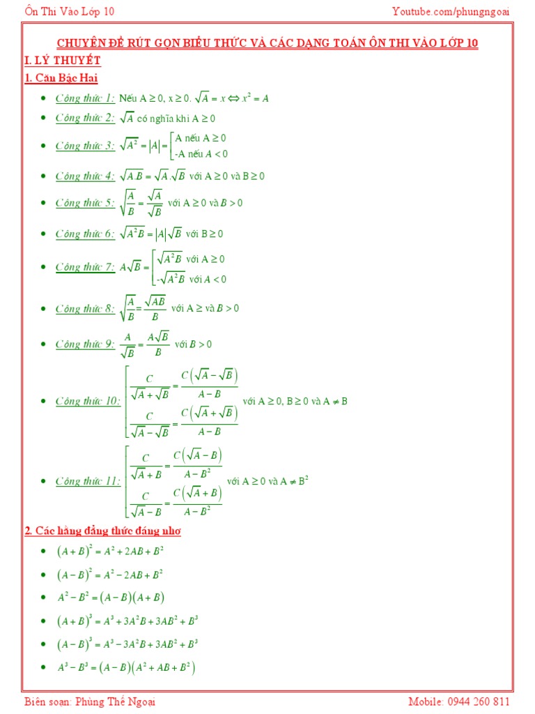 Chuyen de Rut Gon Bieu Thuc Va Cac Dang Toan On Thi Vao Lop 10 | PDF