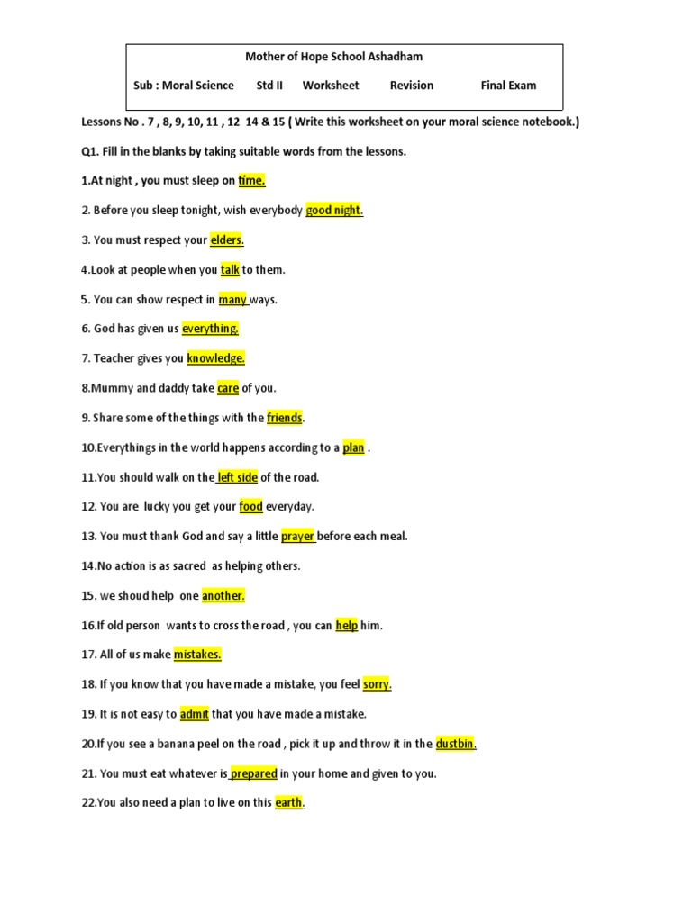 Final Exam Moral Worksheet STD II | PDF