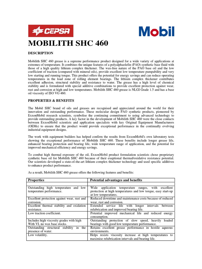 Mobilith SHC 460 Grease Overview | PDF | Chemistry | Chemical Substances