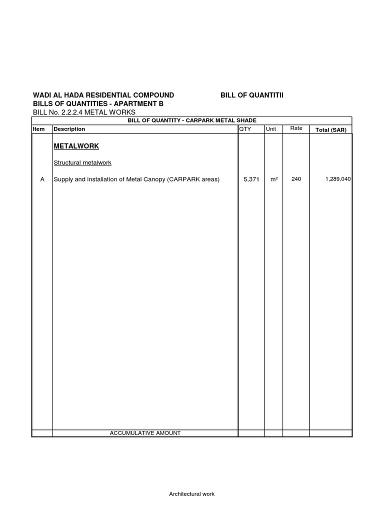Parking Metal Canopy BOQ | PDF