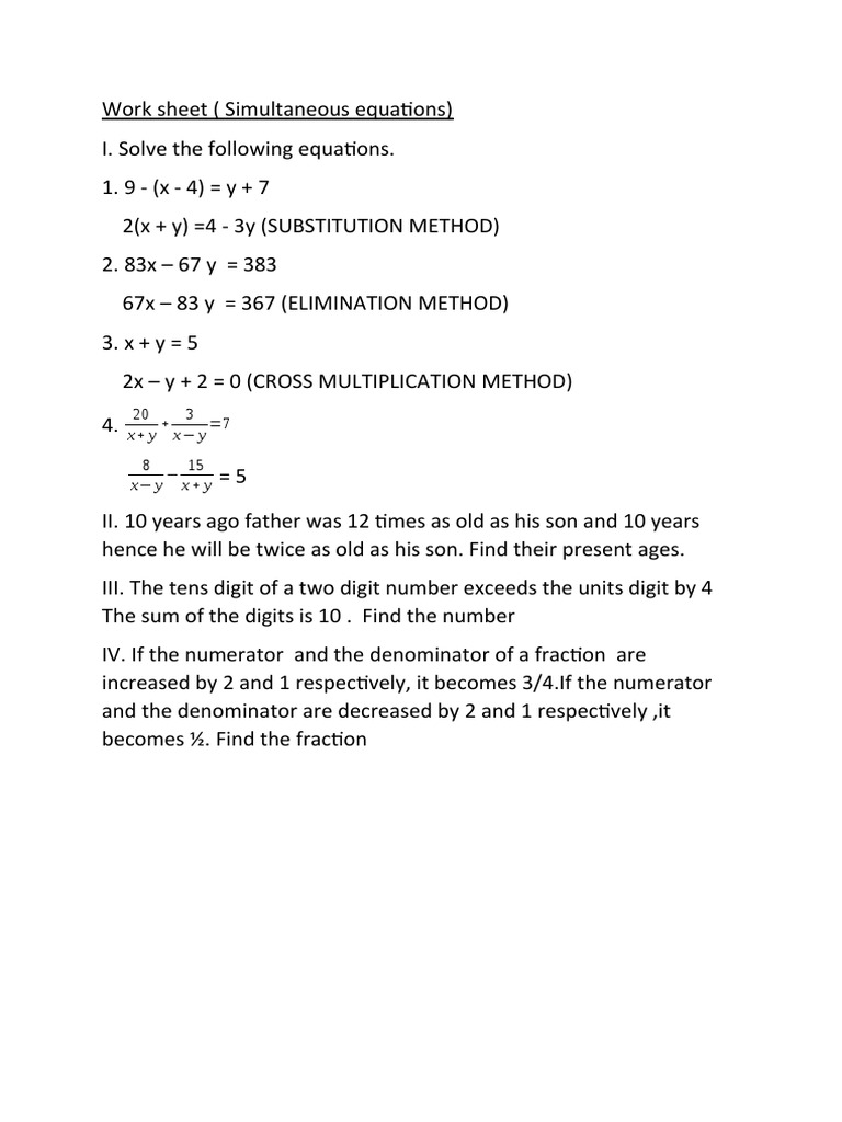 Simultaneous Equations Worksheet | PDF