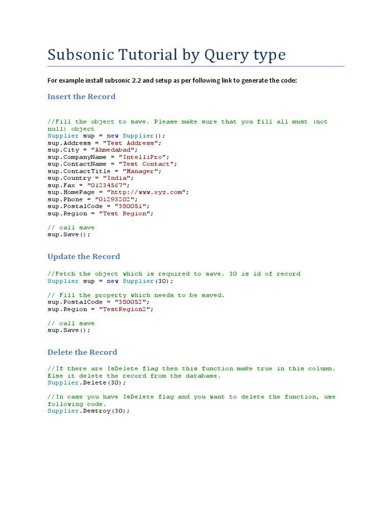 Subsonic Tutorial by Query Type: Insert The Record | PDF | Method ...