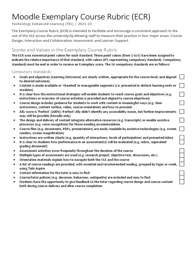 Moodle Exemplary Course Rubric 2021 22 Pdf Educational Assessment