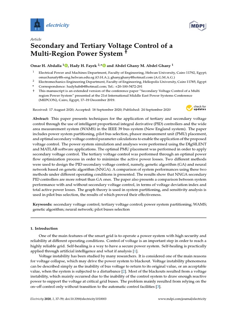 Secondary and Tertiary Voltage Control of A Multi-Region Power System ...