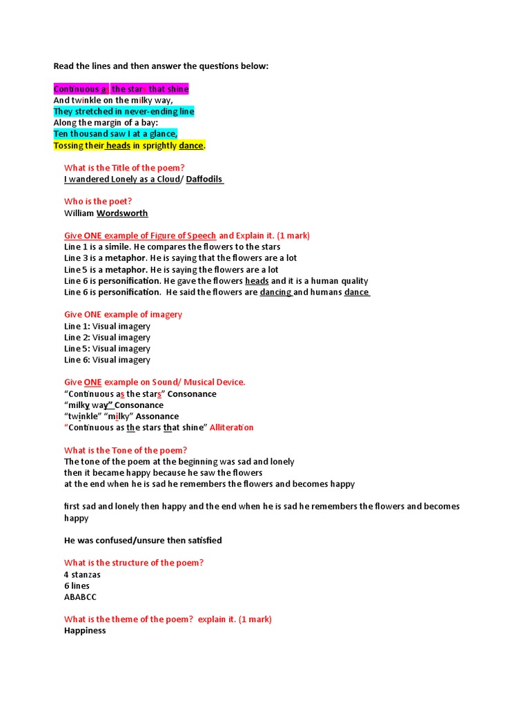 Read The Lines and Then Answer The Questions Below | PDF