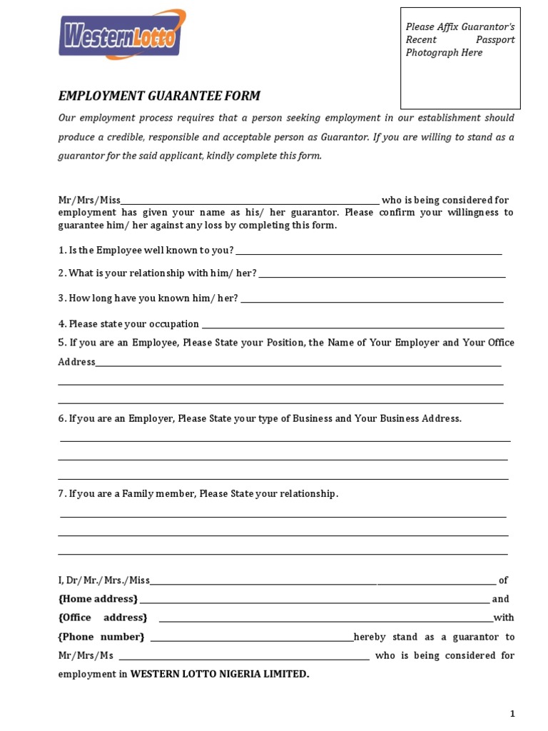 Employee Guarantor Form Sample | PDF | Employment | Surety