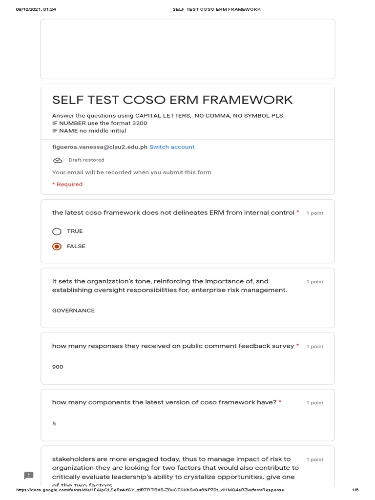 COSO ERM Framework Self-Test Guide | PDF | Enterprise Risk Management ...