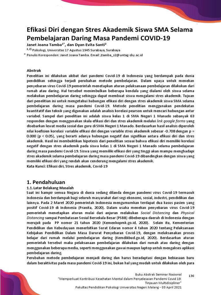 Efikasi Diri Dengan Stres Akademik Siswa SMA Selama | PDF | Pengembangan Diri | Sains & Matematika