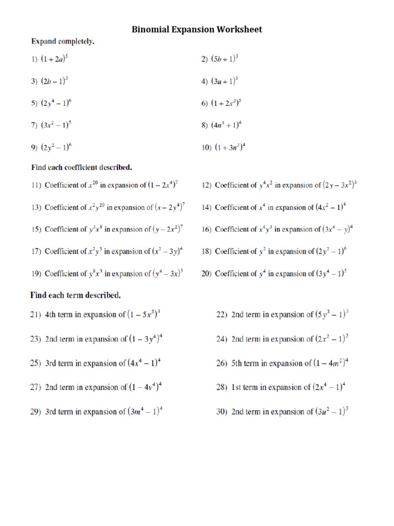 Binomial Expansion Worksheet Maths | PDF