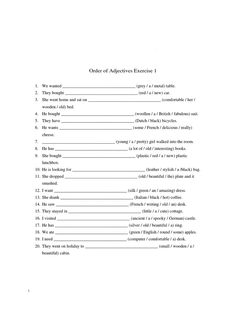 Adjective Order Practice Exercises | PDF