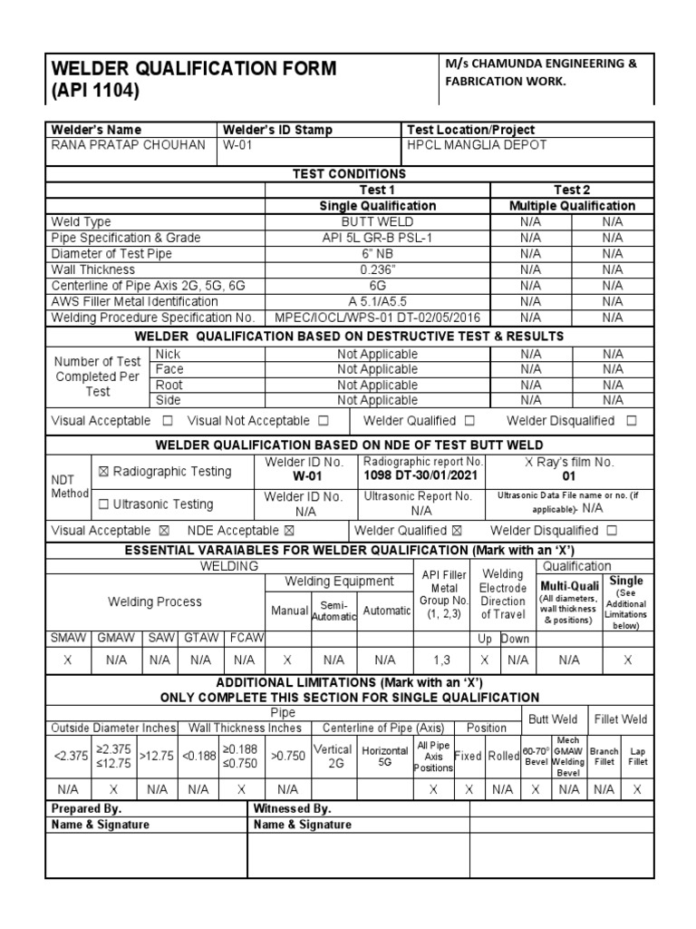Welder Qualification Form for Rana Pratap Chouhan Documenting ...