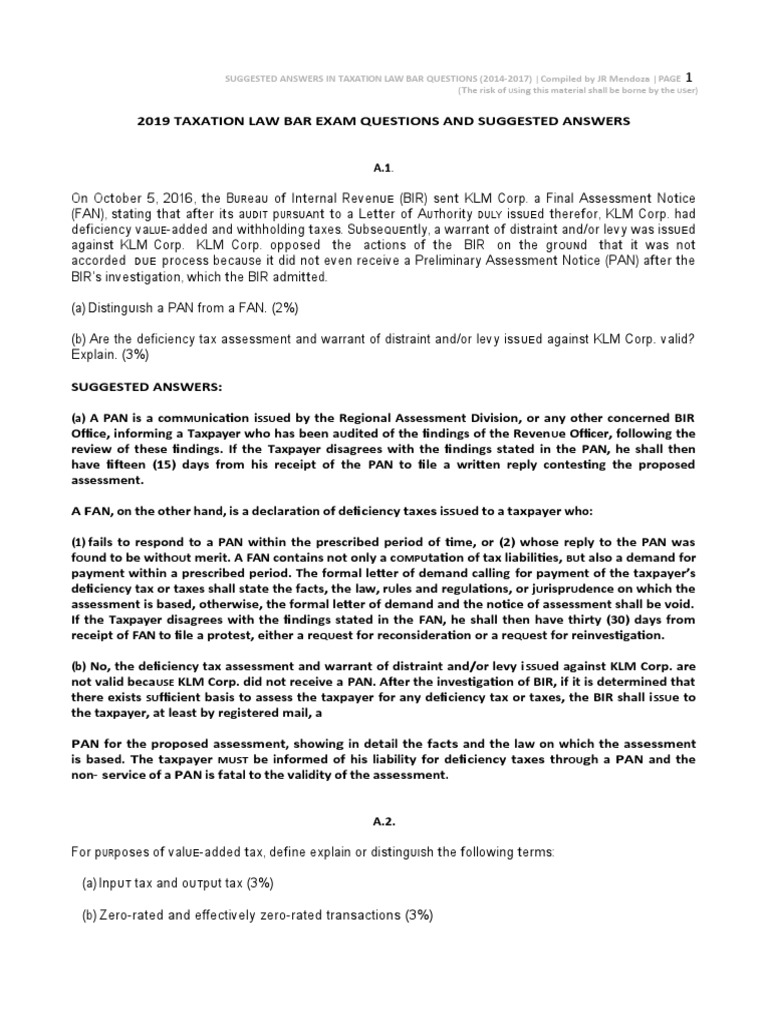 2014 2019 Taxation Law Bar Questions and Answers | PDF | Value Added ...