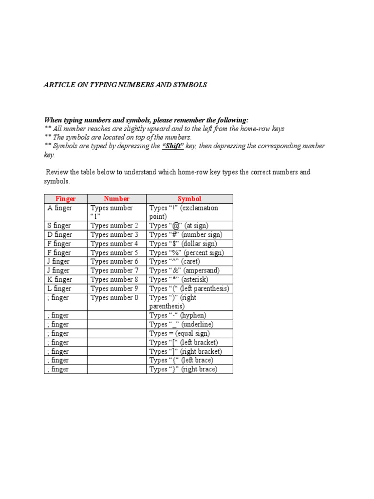 Typing Numbers & Symbols Guide | PDF