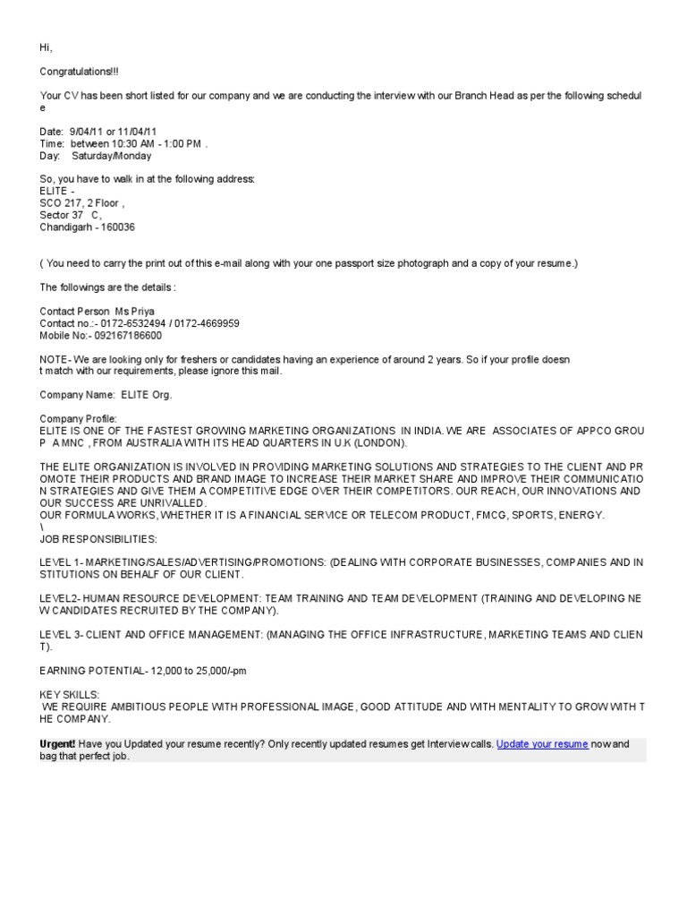 Interview Invitation for Elite Resumes | PDF
