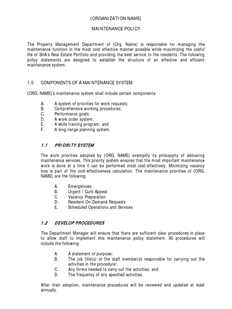 Maintenance Plan Sample 20131230 | PDF | Emergency | Employment