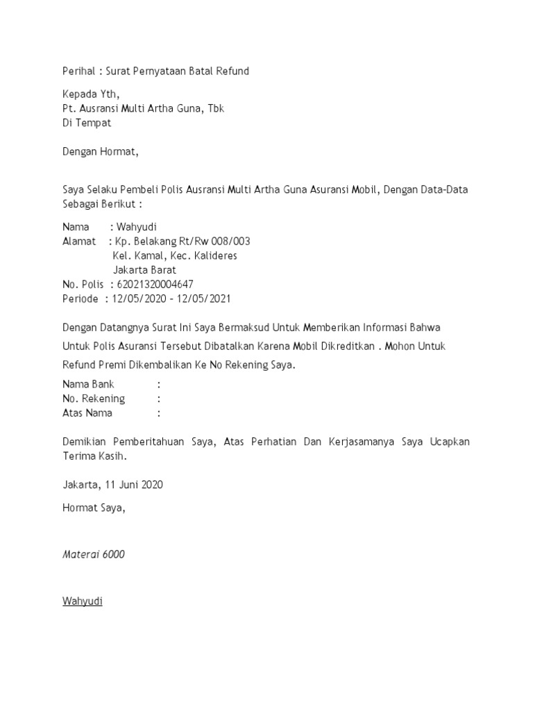 Surat Pernyataan Batal Refund An Wahyudi Asuransi Mag | PDF