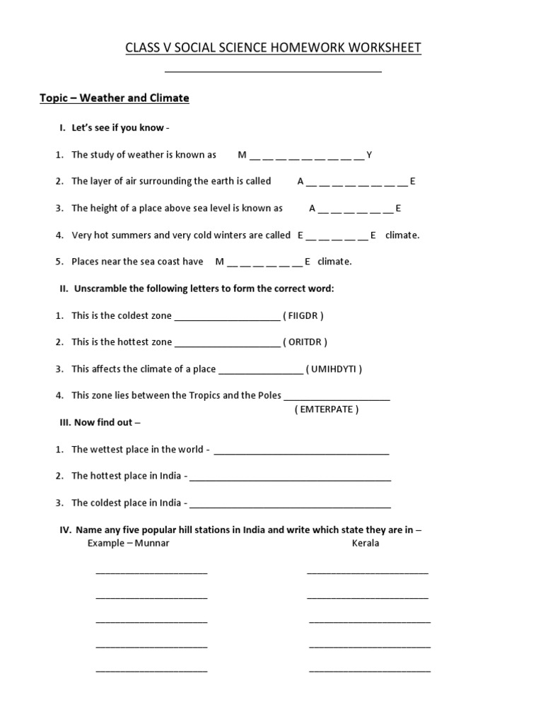 Class V Social Science Homework Worksheet: Topic - Weather and Climate ...
