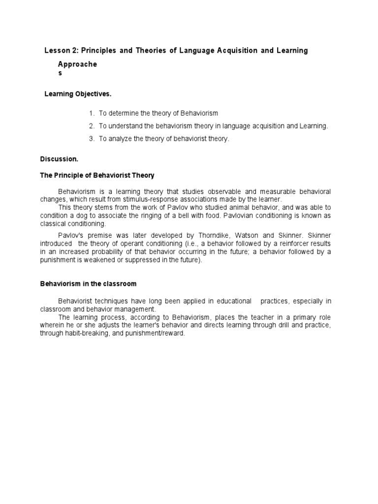 Behaviorist Theory in Language Learning | PDF | Language Acquisition ...