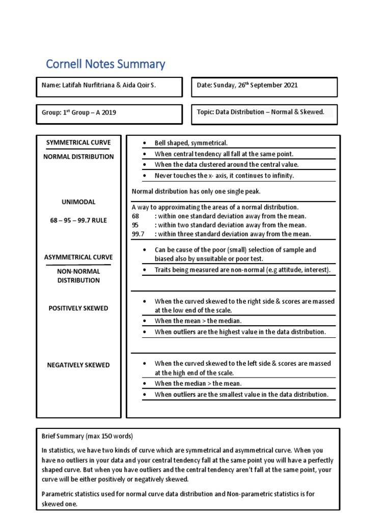 1) DATA DISTRIBUTION - Cornell Notes Summary | PDF | Skewness | Mean