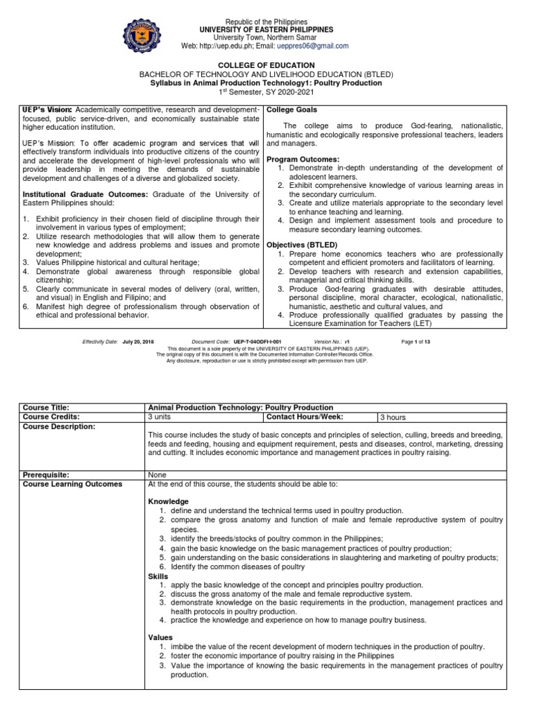 Syllabus in Animal Production Technology (Poultry Production) | PDF ...