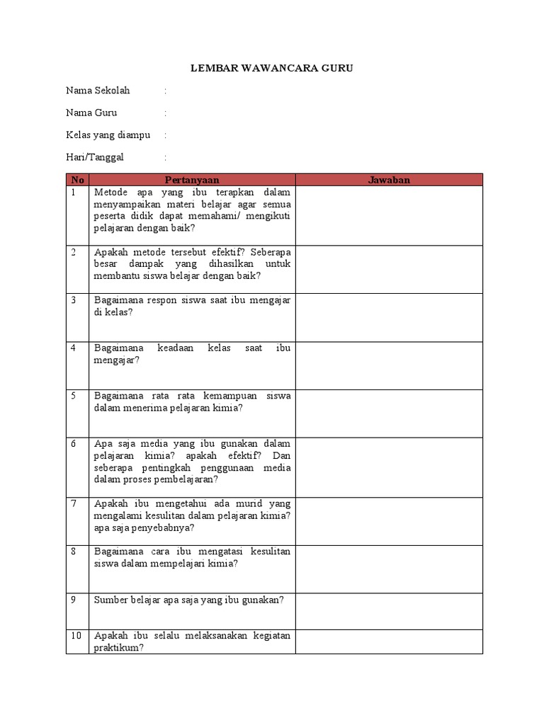 Lembar Wawancara Guru | PDF