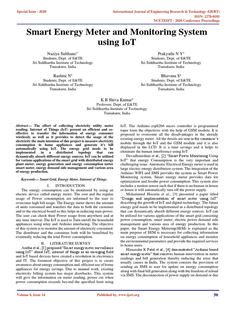 Smart Energy Meter and Monitoring System Using Iot IJERTCONV8IS14011 ...