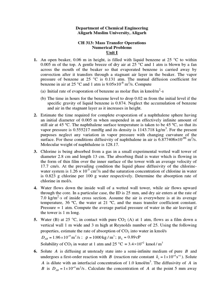 Solving Numerical Problems Related to Mass Transfer Operations Involving Evaporation, Absorption ...
