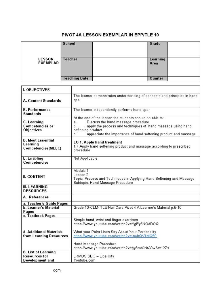 Pivot 4A Lesson Exemplar in Epp/Tle 10 | PDF | Hand | Finger