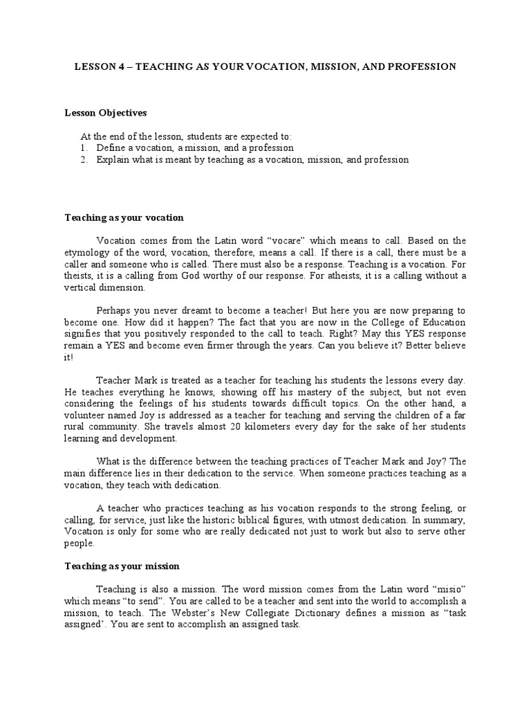 Chapter 1 Lesson 4 Teaching As Your Vocation Mission And Profession