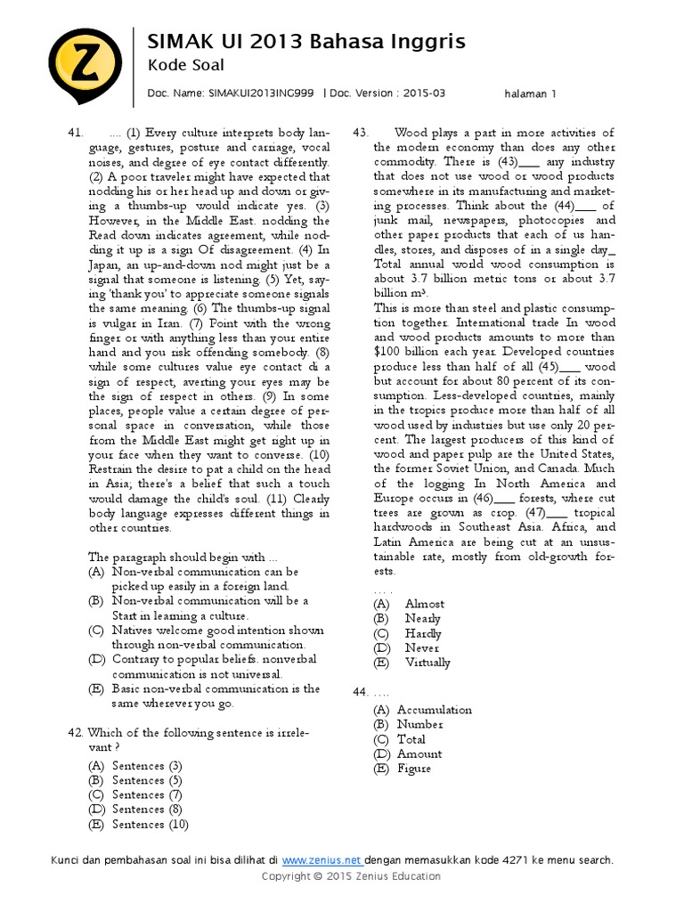SIMAK UI 2013 Bahasa Inggris: Kode Soal | Download Free PDF | Natural Satellite | Nonverbal ...