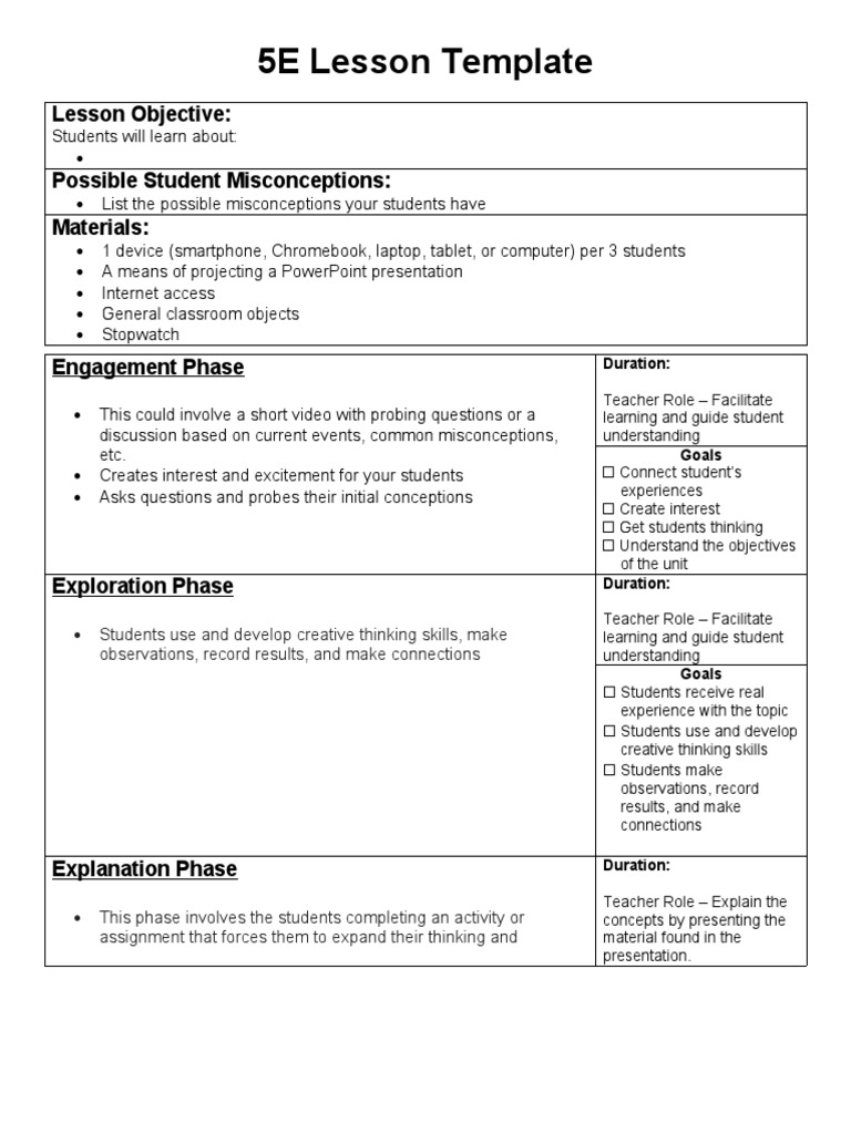 5E Lesson Template: Lesson Objective: Possible Student Misconceptions ...