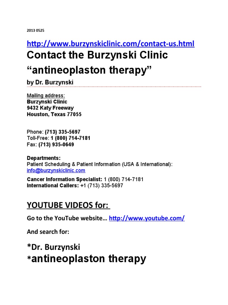 Contact The Burzynski Clinic "Antineoplaston Therapy": Youtube Videos ...