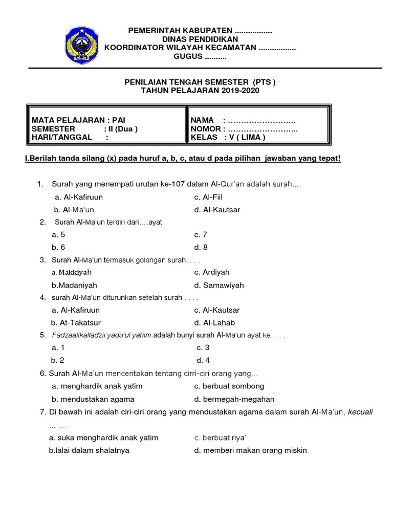 SOAL PTS Pai KLS 5 | PDF
