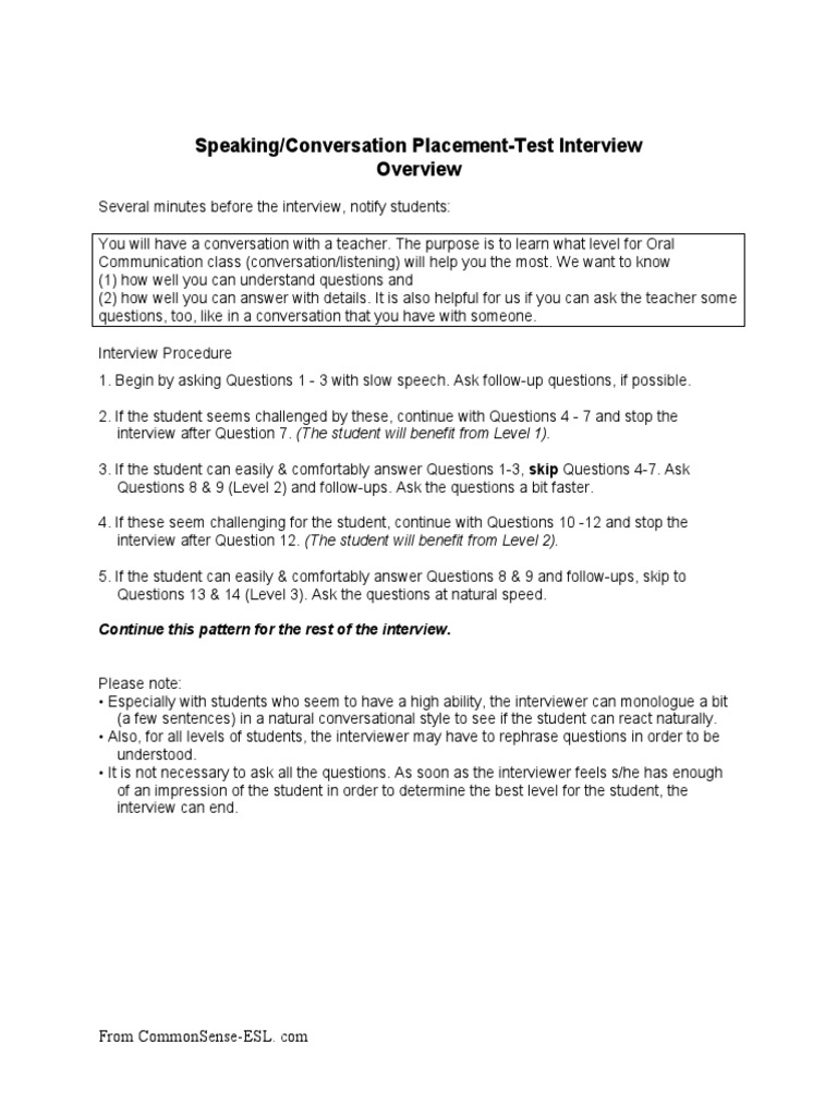Speaking/Conversation Placement-Test Interview: From Commonsense-Esl ...