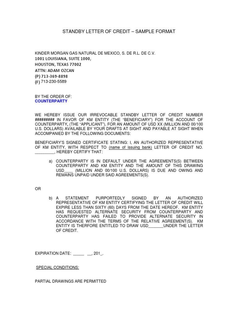 Standby Letter of Credit - Sample Format: Counterparty | PDF | Letter ...